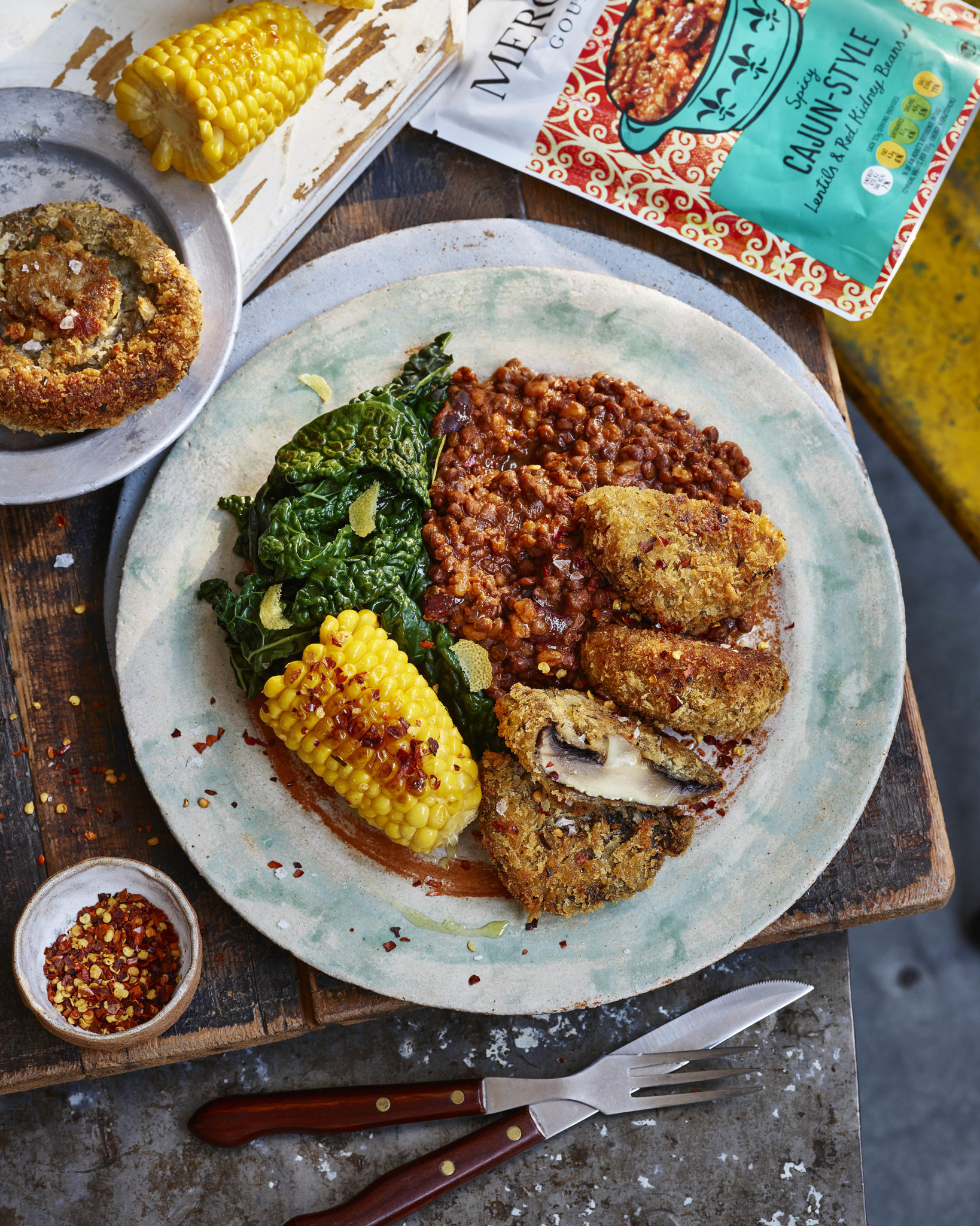 Crispy Mushroom with Merchant Gourmet Cajun-Style Lentils - Gaz Oakley